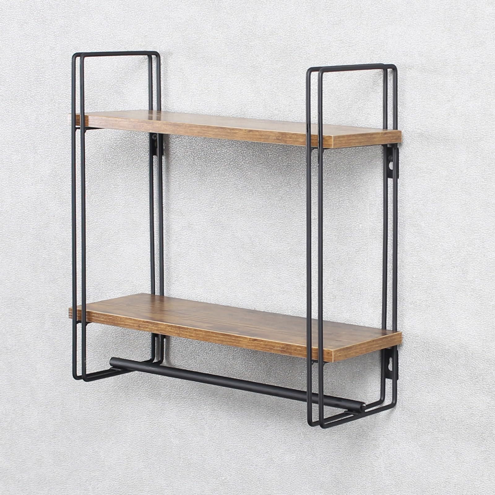 OISSIO Industrial Bathroom Shelves Wall Mounted,Rustic 2-Layer Bathroom Shelf with Towel Bar,Floating Shelves,Black