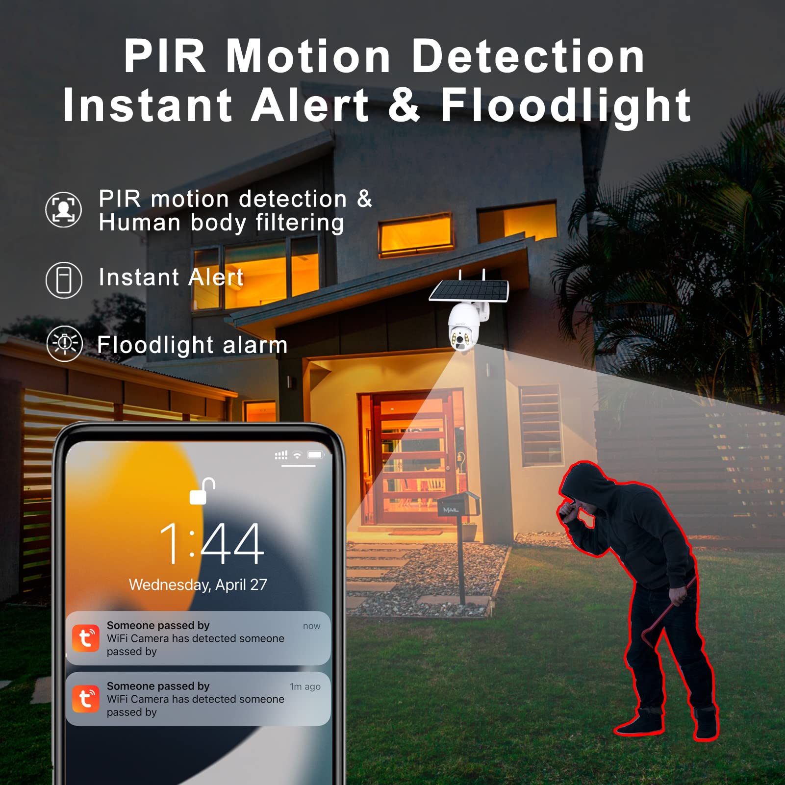 INSEETECH Solar Security Camera Wireless Outdoor, Tuya Pan Tilt Solar Powered WiFi Camera for Home Security, 2MP 98FT Night Vision, Motion Detection, Waterproof IP66 2 Way Audio, Two Installation