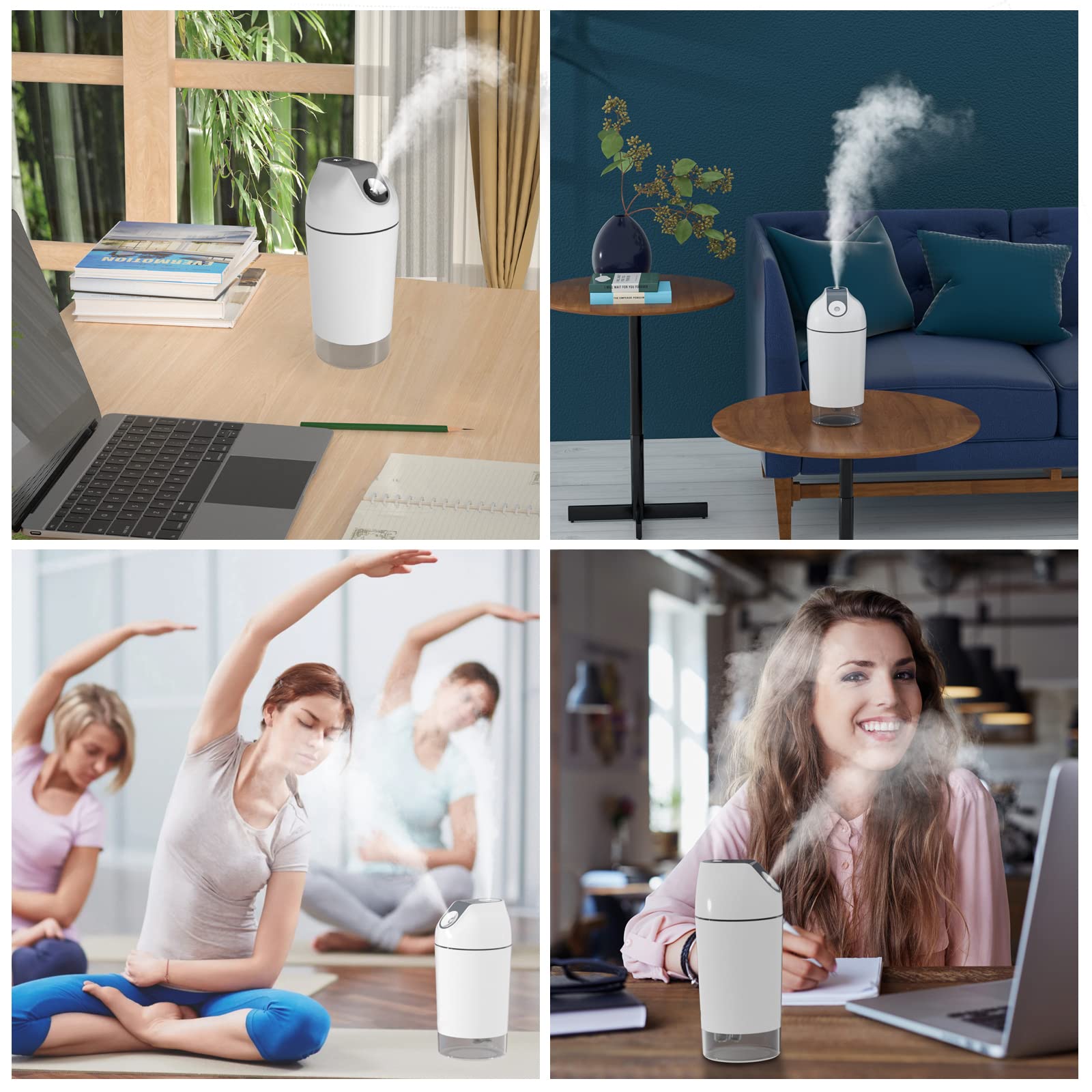 HandFun Mini Humidifier-Battery Operated 480ml Cordless Portable Small Humidifier USB Rechargeable Personal Desktop Humidifiers With Night Light & 4 Spray Modes for Car, Baby, Plants (White, 2600mAh)