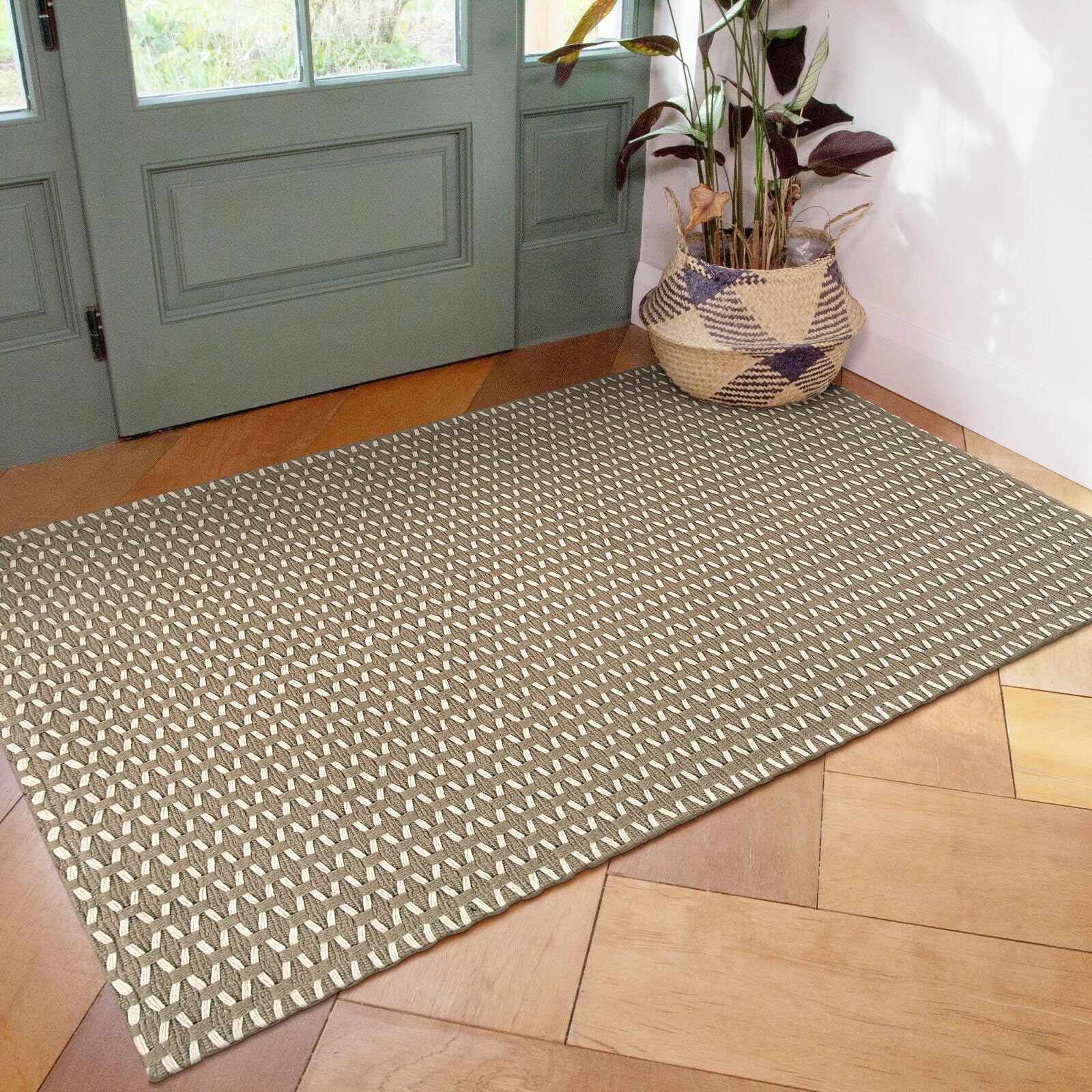 OJIA Washable Rugs 3x5 ft Front Door Rugs Entryway Rugs Indoor Outdoor Rug Cotton Hand-Woven Tan Kitchen Rug Farmhouse Throw Rugs Door Mats Entrance Rugs for Bedroom Bathroom Porch