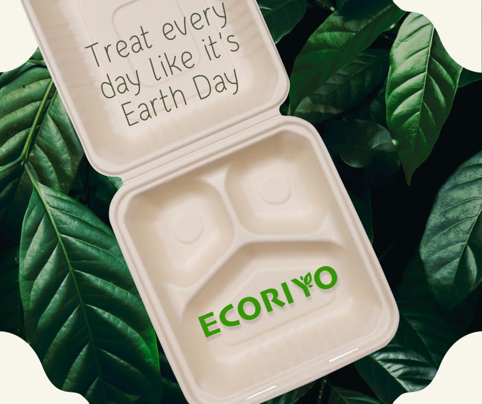 ECORIYO 3 Compartment To Go Containers with Lids β 100-Pack of Take Out Boxes, Disposable Food Containers, Sugarcanes Biodegradable Togo Plates - Paper Clamshell Box for Lunch, Cake, Dessert