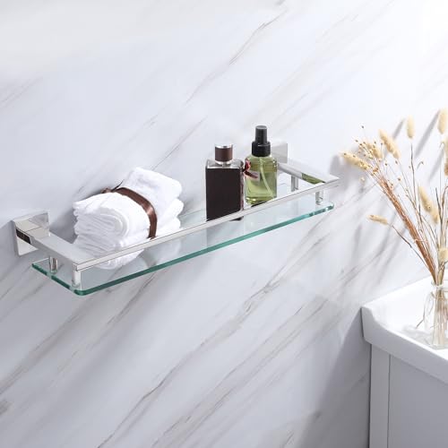 LANC Chrome Bathroom Shelf Glass Shelves 20-Inch Floating Tempered Glass Shelf Rectangular Stainless Steel Wall Mounted Silver Polished Shelves for Bathroom Kitchen Organizers Accessories,A7613CP