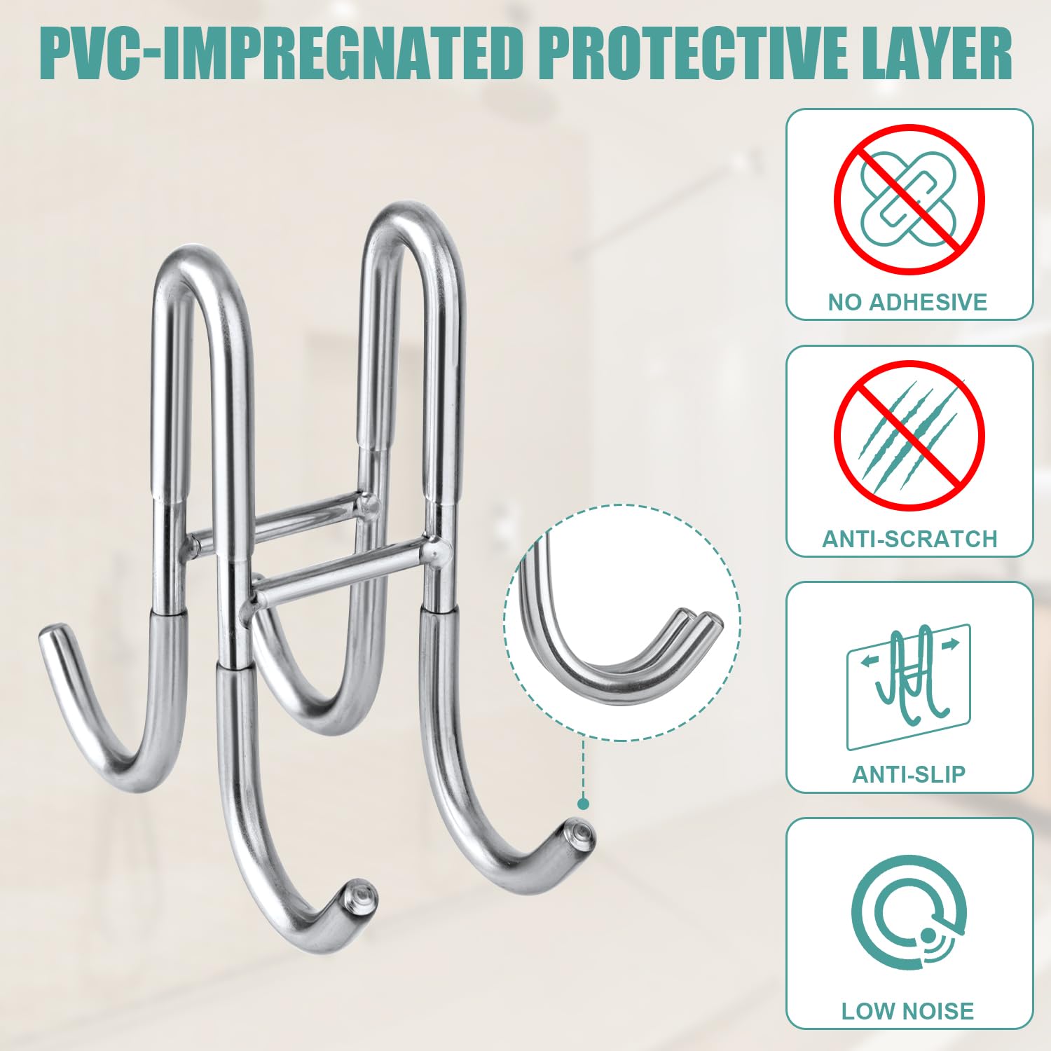 PEUTIER 2pcs Shower Glass Door Hooks, 304 Stainless Steel Over Shower Door Hooks Double Sided Usable Shower Towel Hooks Drilling-Free Towels Hanger for Bathroom (Silver)