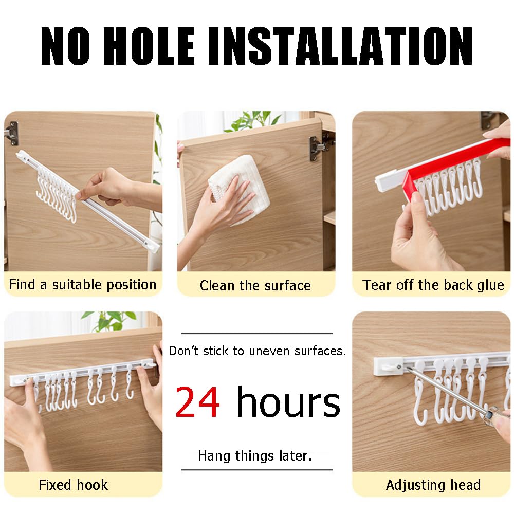 OULIGET Utility Slide Rail Hook,Under Cabinet Kitchen No Punching Hooks for Hanging Utensil,Bathroom Bedroom Office Wall Door Rack with 10 Hooks,15.7 and 11.8 Inches,2Pieces
