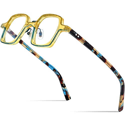 HEPIDEM Powder Acetate Glasses Frame Men Vintage Square Eyeglasses Women Optical Spectacles (9318 Yellow Blue)