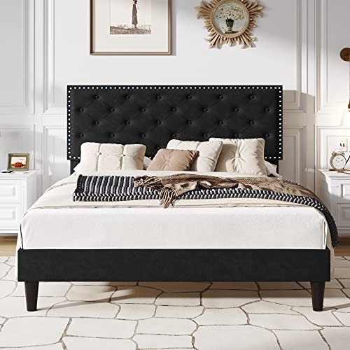 SHA CERLIN Queen Size Velvet Bed Frame, UpholsteredĀ Platform BedĀ with AdjustableĀ Diamond Button Tufted Headboard, Rivet Ornament, Wood Slat Support, No Box Spring Needed, Easy Assembly, Black
