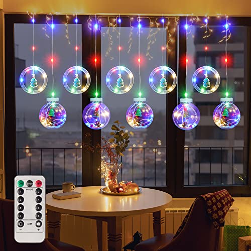 Skairipa Christmas Window Hanging Lights Decorations: Fairy Curtain Lights with Xmas Tree Toys LED String Lights with Remote Timer for Wedding Party Bedroom Decor USB 11FT Multicolor
