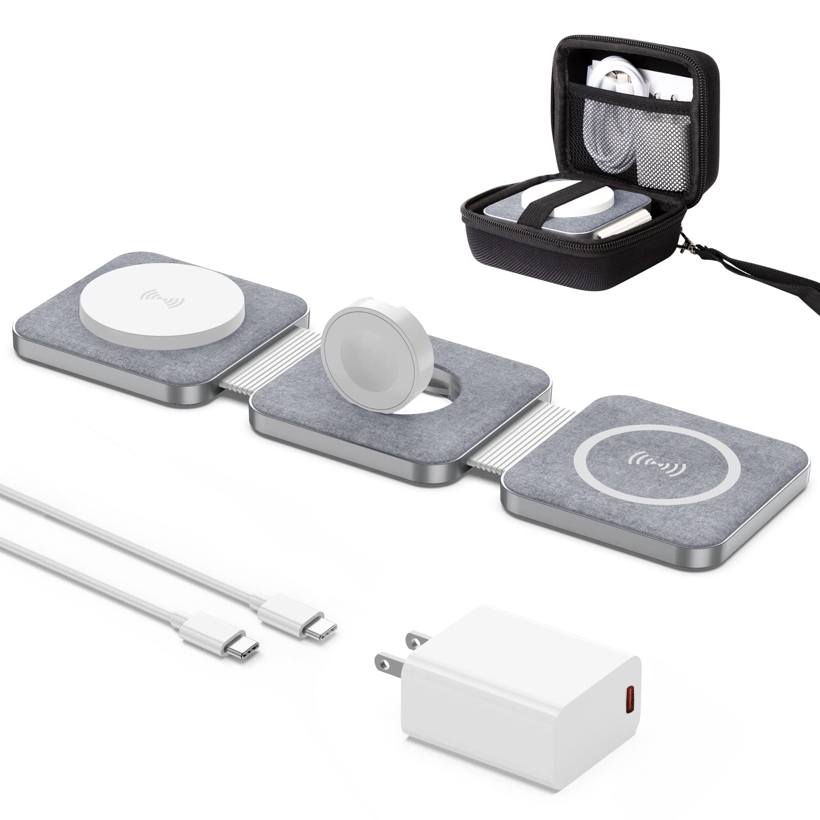 Miroddi MC-01 3 in 1 MagSafe Wireless Charger, Foldable Wireless Charging Station for Travel, Fast MagSafe Wireless Charging Pad for iPhone 14/13/12, Apple Watch & Airpods with 20W PD Adapter, Gray