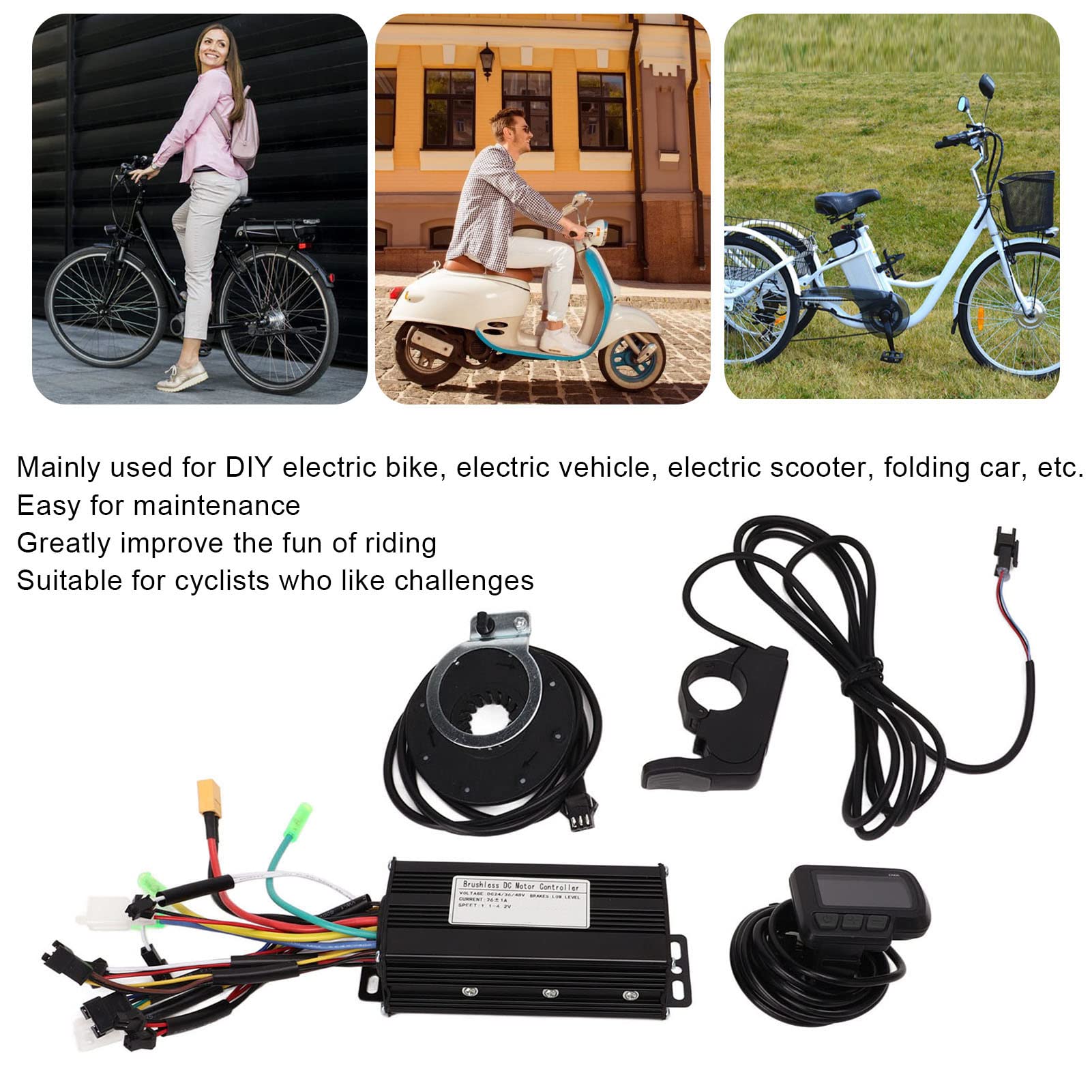 Electric Bike Motor Controller Kit, Electric Motor Controller Good Heat Dissipation LCD Meter 500W 750W 24V 36V 48V for Cyclists for DIY