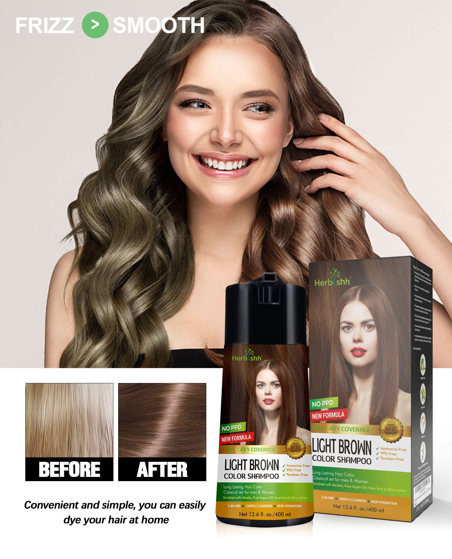 Herbishh Hair Color Shampoo - Enriched Dye Formula for Gray Hair - Long Lasting & DIY (Light Brown)