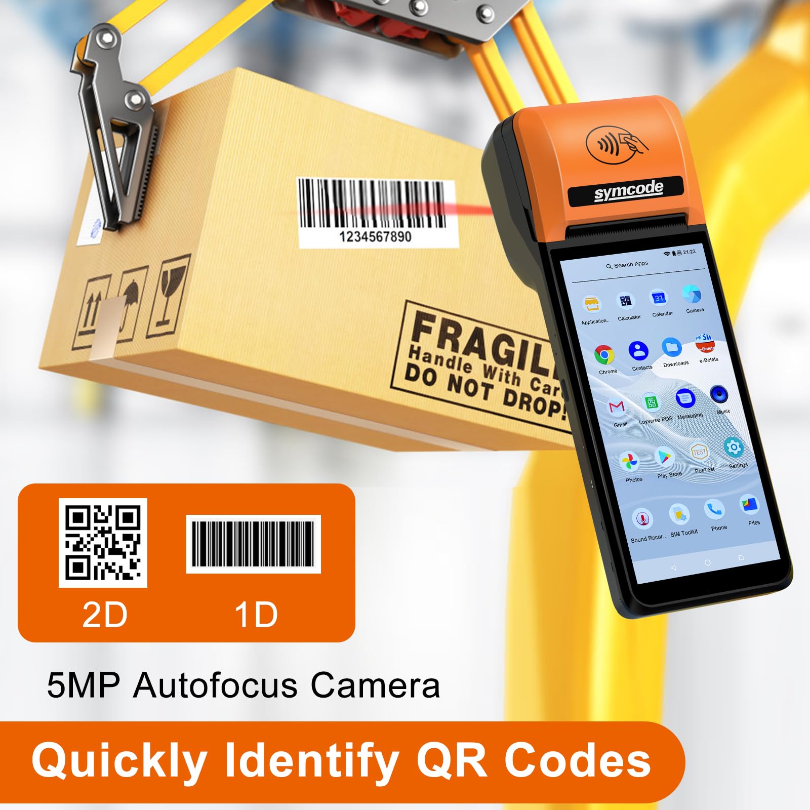 symcode POS PDA Printer Mobile POS Machine Terminal Thermal Receipt Printer 5.99" High Resolution and Clear Touch Screen Handheld PDA Printer Android 8.1 OS Built-in Google Play and NFC
