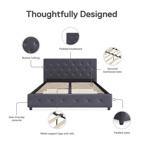 DHP Dakota Upholstered Platform Bed with Diamond Button Tufted Headboard and Footboard, No Box Spring Needed, Queen, Gray Faux Leather,Grey