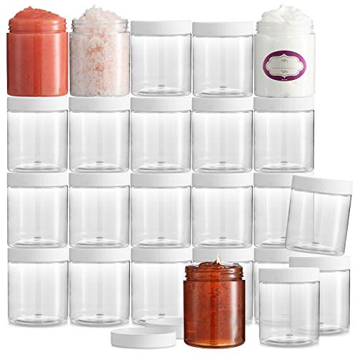 DilaBee Empty Jars with Lids – Refillable Small Plastic Containers with Lids - Clear Plastic Jars - Jars for Body Butter - BPA Free Containers for Kitchen Use, Slime, Beauty Products, (24 Pack, 8 Oz)
