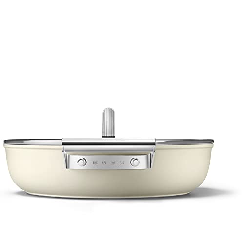 Smeg Cookware 11-Inch Cream Deep Pan with Lid, Large, Cream