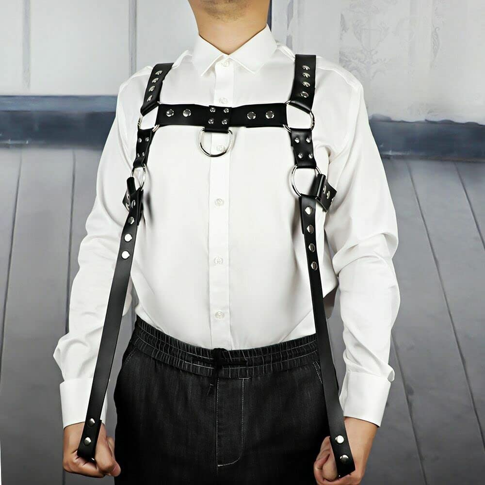 Furealux Harness for Man Adjustable Leather Harness Body Chest Black Rivets Harness Punk Belt Clubwear Costume