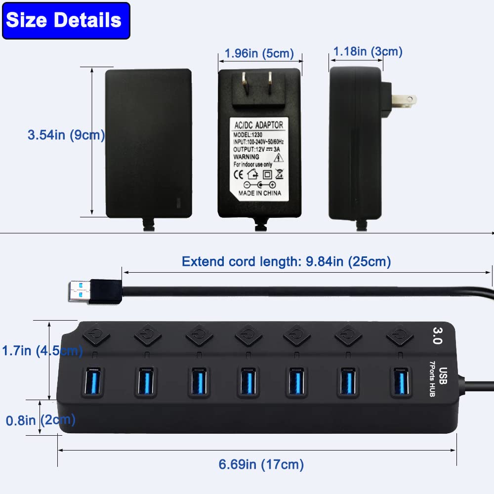 HUAPX Powered USB 3.0 Hub Adapter,7Port USB Splitter with Individual ON/Off Switches and 5V/3A AC Adapter Compatible for Laptop,Keyboard,Notebook,Mouse,PC,Table,PS4/5,Xbox,Mac,Mobile HDD