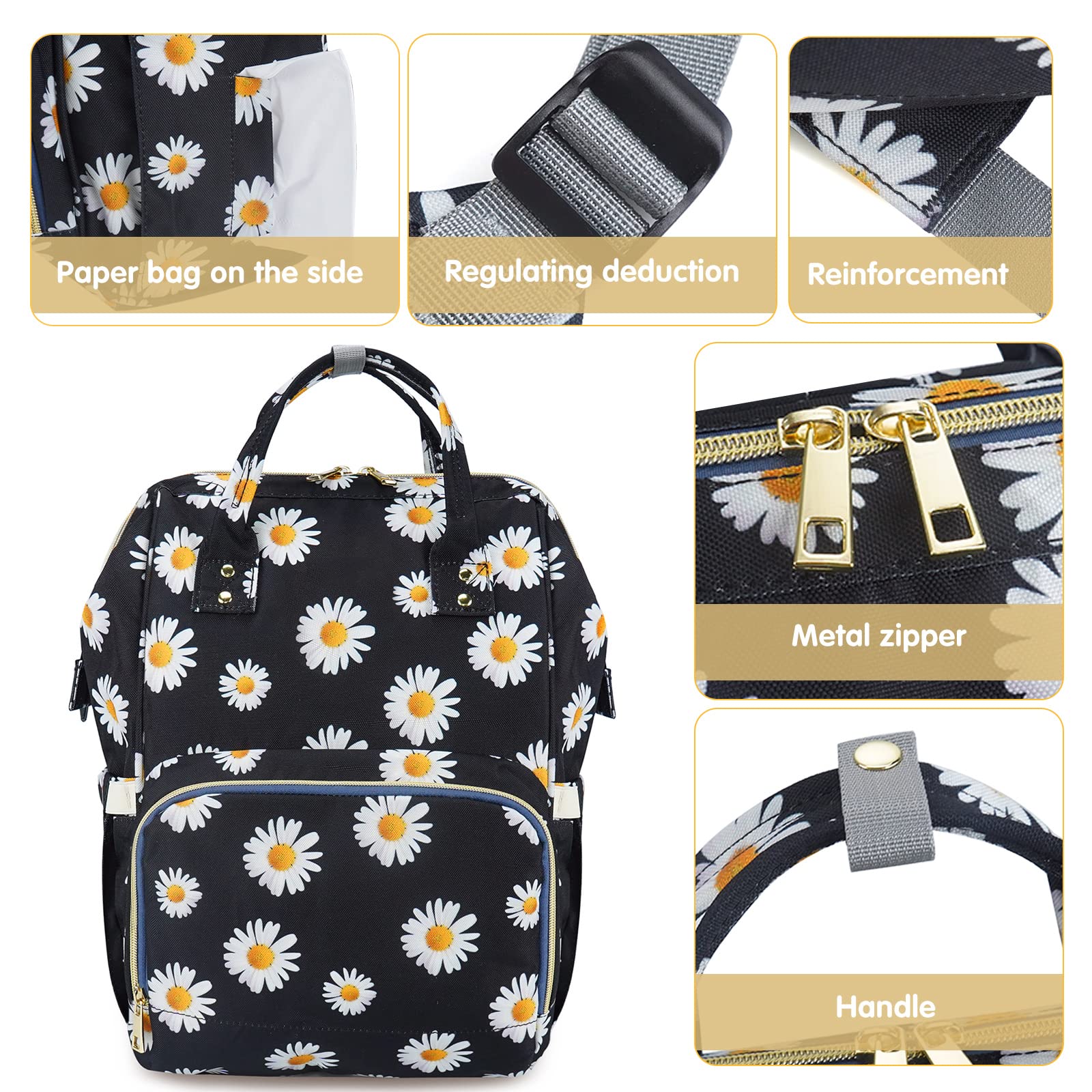 MCWTH Daisy Diaper Bag Backpack for Baby Girls, Multifunction Nappy Bags for Women Maternity (Black)
