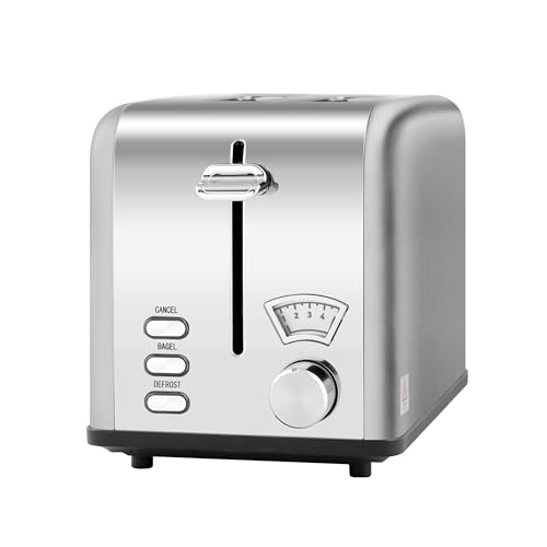 Simple Deluxe Stainless Steel Toaster 2 Slice with 1.5โ Wide Slot & Removable Crumb Tray, 5 Shade Options and Bagel/Defrost/Cancel Functions, for Various Bread & Waffle, Retro Silver