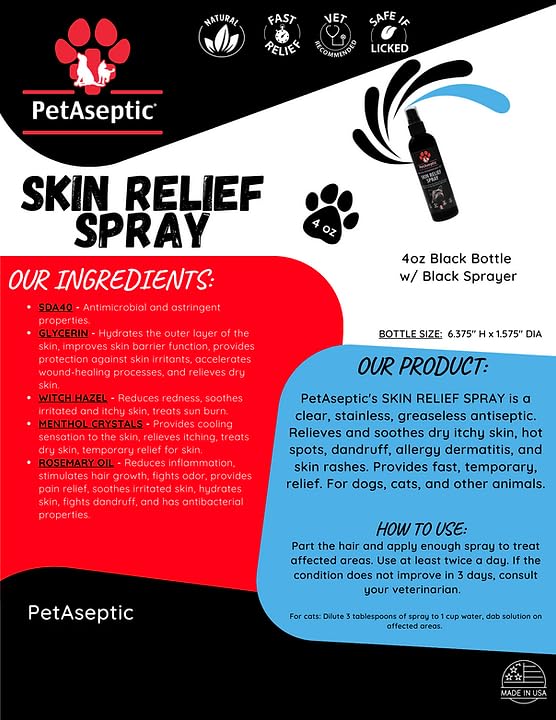 PetAseptic Skin Relief Spray for Dogs | Relieves Dry Itchy Skin, Hot Spots, Dandruff, Allergy Dermatitis, & Skin Rashes | Clear, Stainless, & Greaseless | Provides Fast, Temporary Relief | 4oz Spray