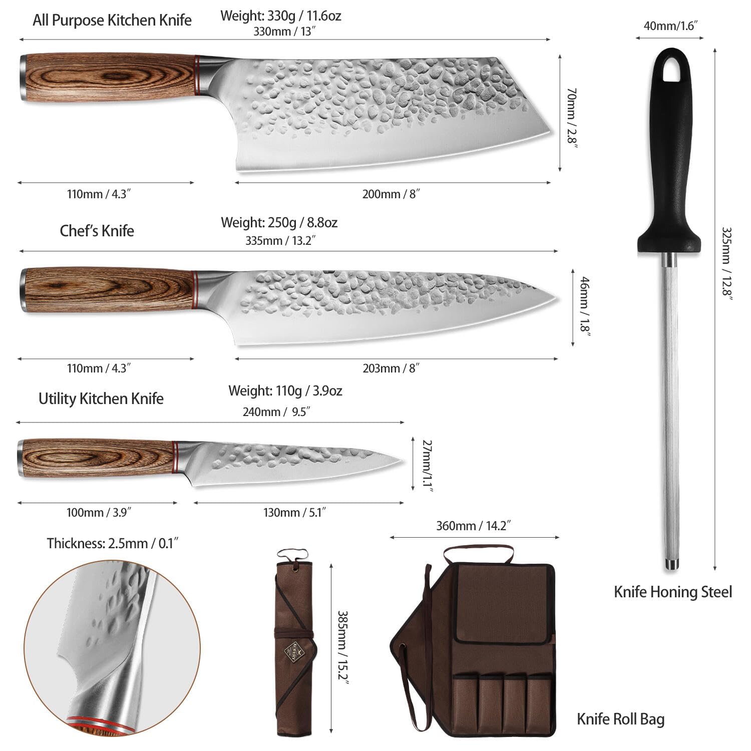 KOFERY 3 Piece Professional Forged Chef Knife Set - Premium Stainless Steel, Non-Stick, Sharp Kitchen Knives for Camping, Includes Roll Bag and Sharpening Steel