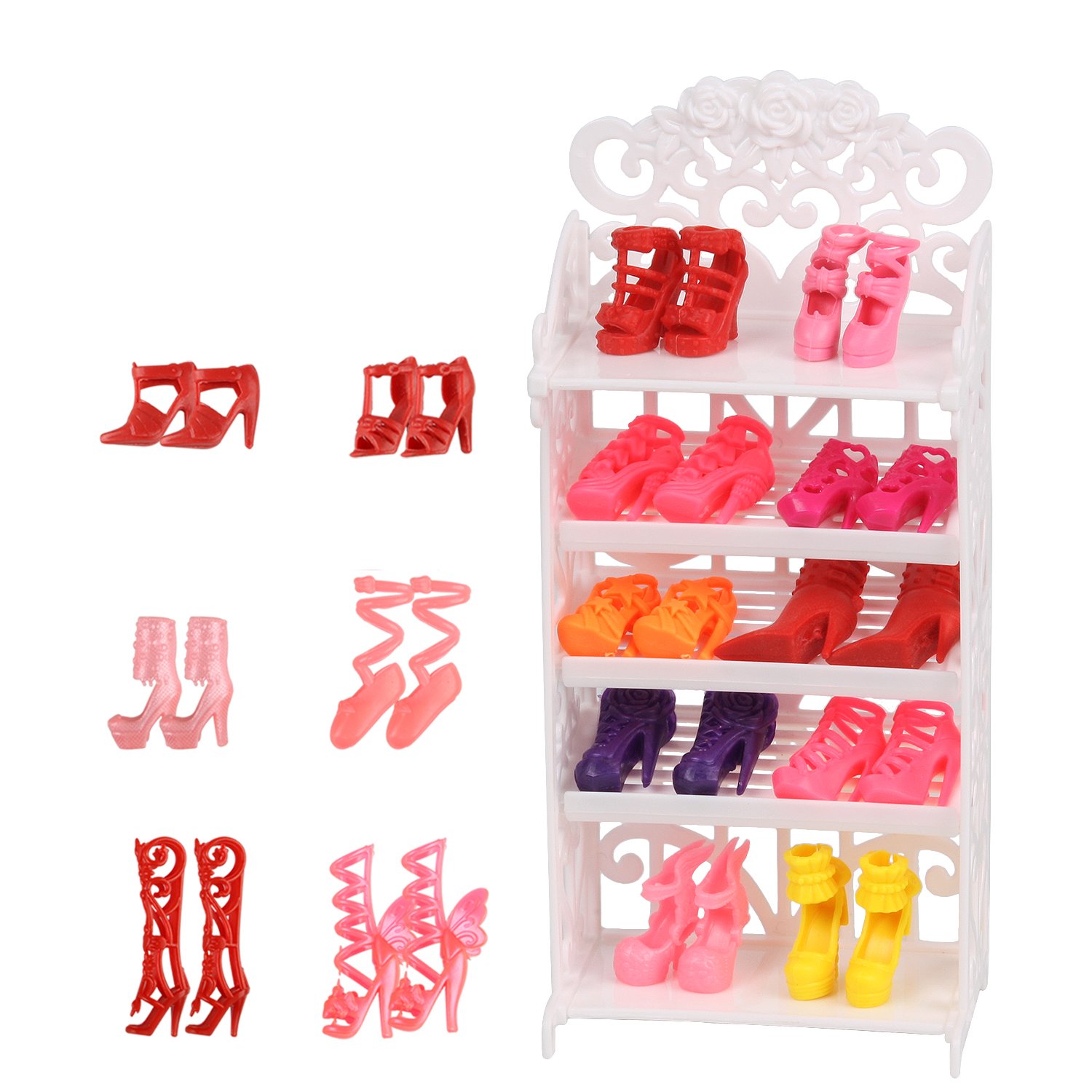 Doll Shoes Rack Accessory + 16 Pairs Shoes for Doll Playset