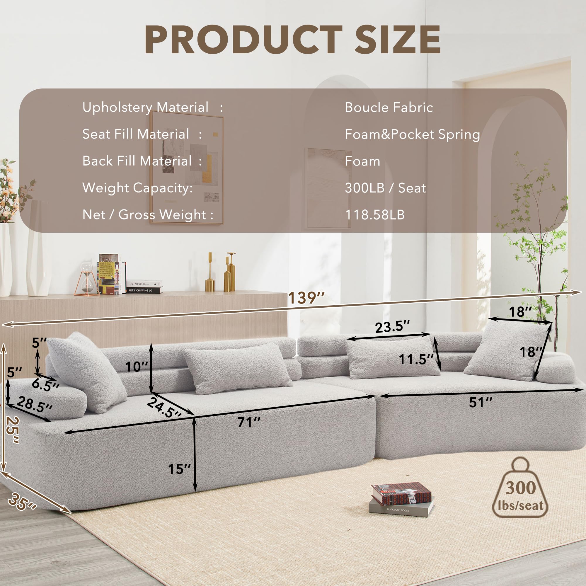 LuxyHoom 139'' Sectional Sofa Couch, Modern Modular Sofa, Minimalist Curved Sofa, 4 Pillows, 4 Seat Comfy Cloud Sofa for Living Room Furniture Set, Apartment, Hotel, No Assembly Required, Light Grey
