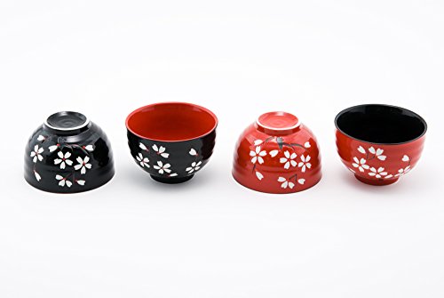 Hinomaru Collection Japanese Traditional Ceramic Rice Bowl Set of 4 Red and Black Cherry Blossom Sakura Decorative Gift Pack Multi Purpose Attractive Design
