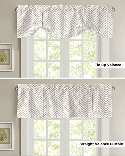 TocaHome Semi-Sheer Kitchen Valances for Windows, Adjustable Tie Up Valances Curtains Light Filtering, White-Gold Natural Herringbone Elegant Window Toppers Valances for Living Room/Bedroom 60x18in