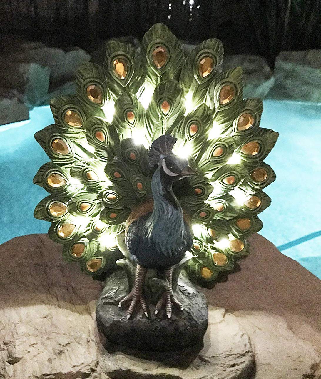 Ebros Decorative Iridescent Peacock With Beautiful Gold Gemstone Open Train Feathers Solar LED Night Light Statue 11.25" High Path Lighter Indoor Outdoor Shelf Tabletop Home Decor Wild Birds of Flight