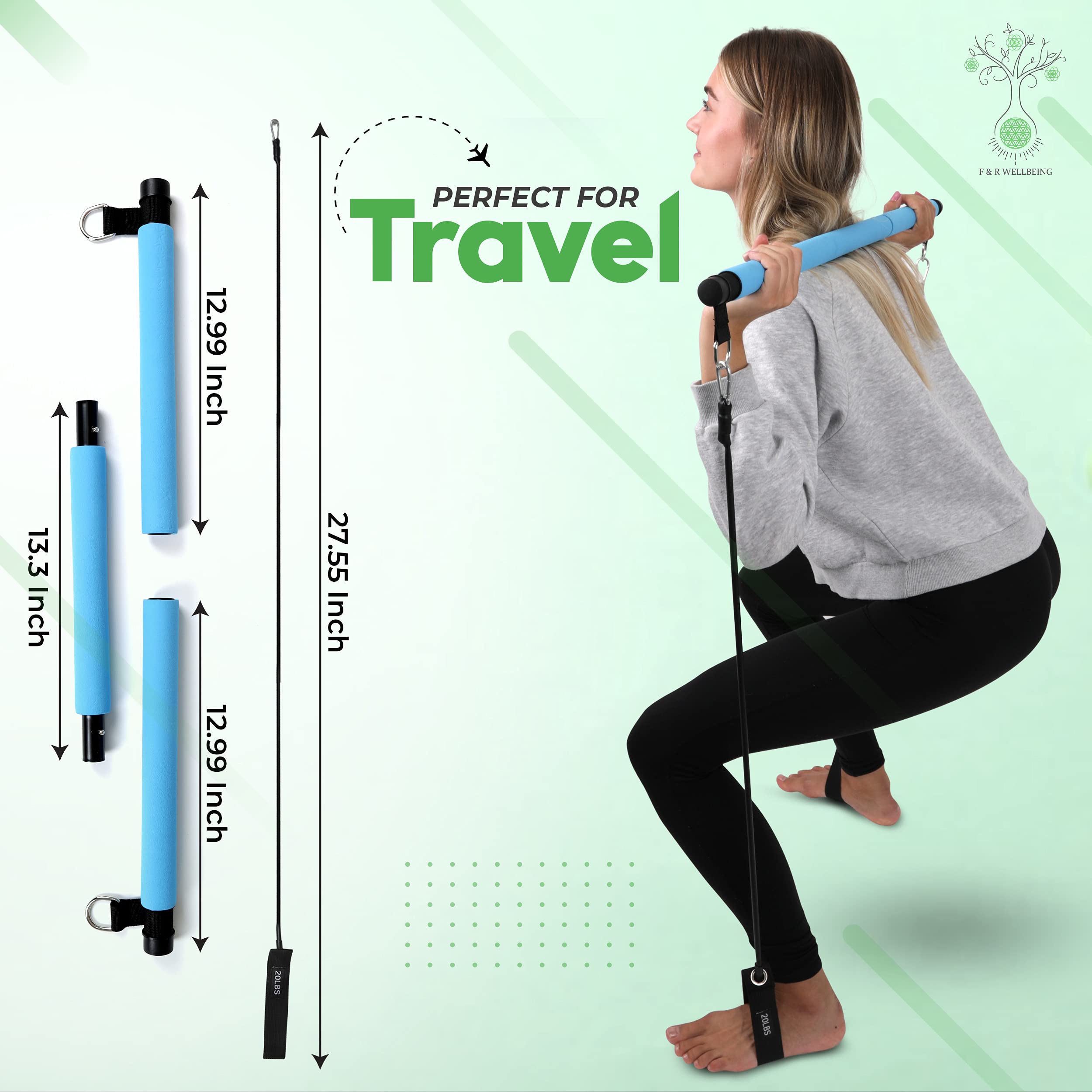 F & R Wellbeing Pilates Bar Kit Home Gym Equipment – 3 Sections Portable Bar with Workout Bars Resistance – Body Sculpting Stretch Bands for Exercise – Ideal Exercise Bar for Home, Travel, Office