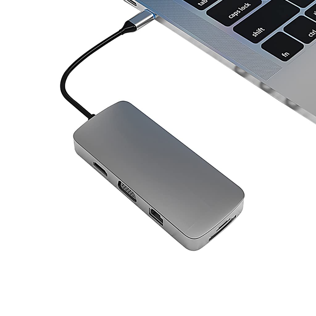 Hub Dock Adapter USB C Hub 10 in 1 USB-C Splitter Hub with Ethernet, HDMI, VGA, 2 USB 3.0, USB 2.0, SD/TF Card Reader, 3.5mm Audio, USB-C PD Computer Accessories