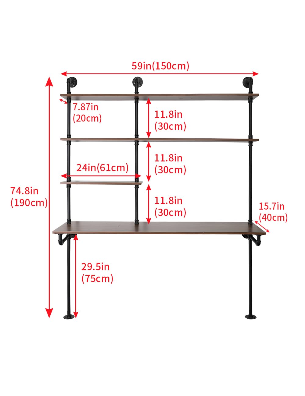 OLDRAINBOW Ladder Desk with Shelves Floating Computer Desk,Wall Mounted Laptop Desks for Small Spaces,Industrial Pipe Bookshelf Narrow Writing Desk