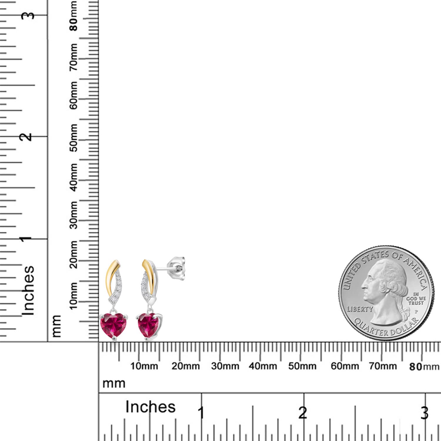 Gem Stone King 925 Sterling Silver and 10K Yellow Gold Red Created Ruby and White Lab Grown Diamond Dangle Earrings For Women By Keren Hanan (1.99 Cttw, Heart Shape 6MM)
