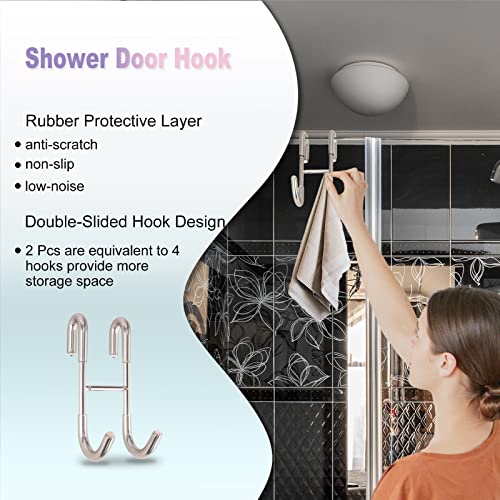Mros 2 Pack Over Shower Glass Door Hooks,304 Stainless Steel Rack Hooks,Towel Hooks for Bathroom Frameless Glass Shower Door,Kitchen and Wardrobe Hanger,Shower Squeegee Hooks (Silver)