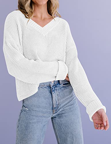 MIROL Women's Waffle Knit Cropped Top V Neck Long Sleeve Pullover Sweater Casual Solid Crop Sweatshirts White