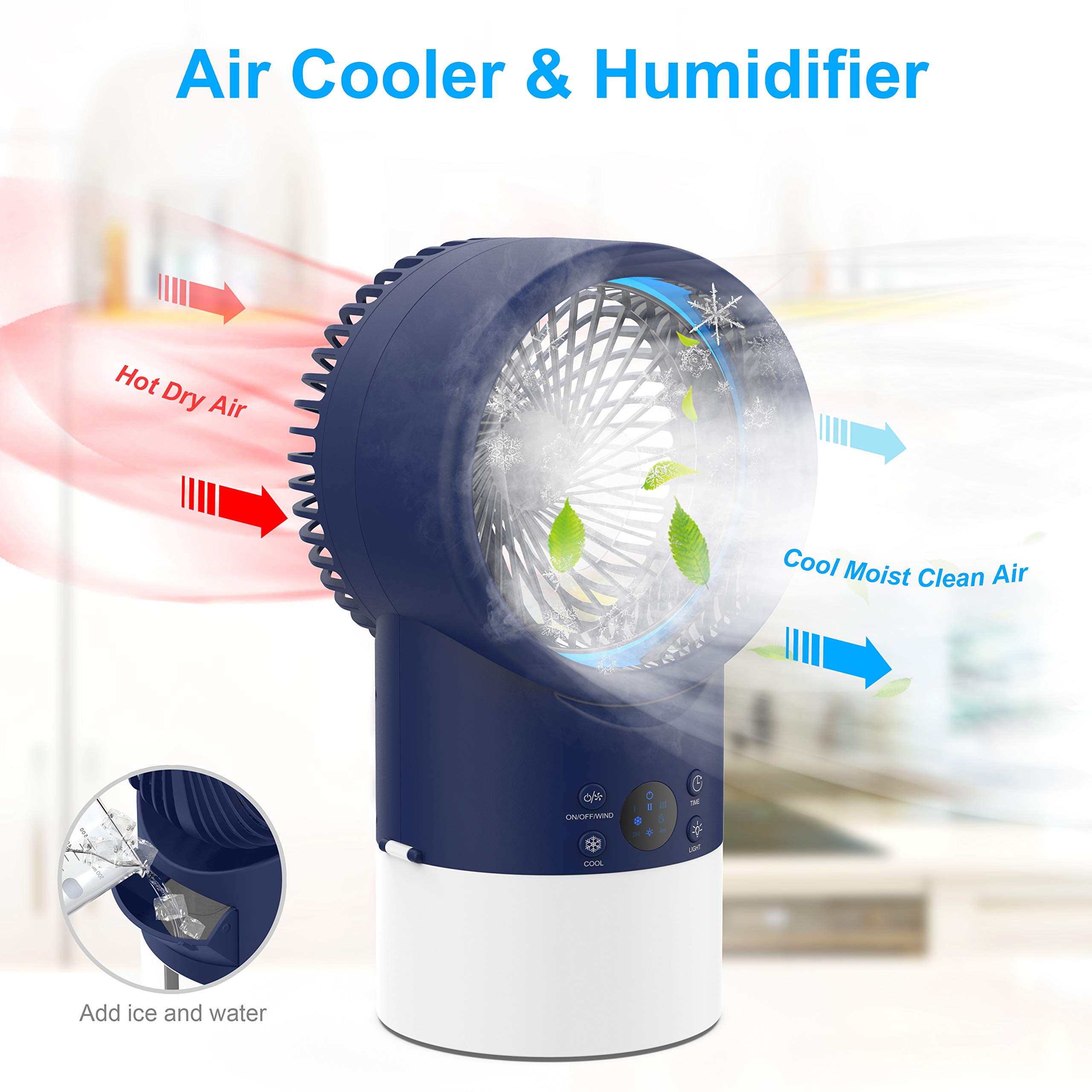 EEIEER Air Conditioner Cool Mist Humidifier Fan, 4 in 1 Timing Night Light Quiet Circulation Small Table Fans Personal Adjustable Misting Evaporative Air Cooler for Home Bedroom Office (Blue)
