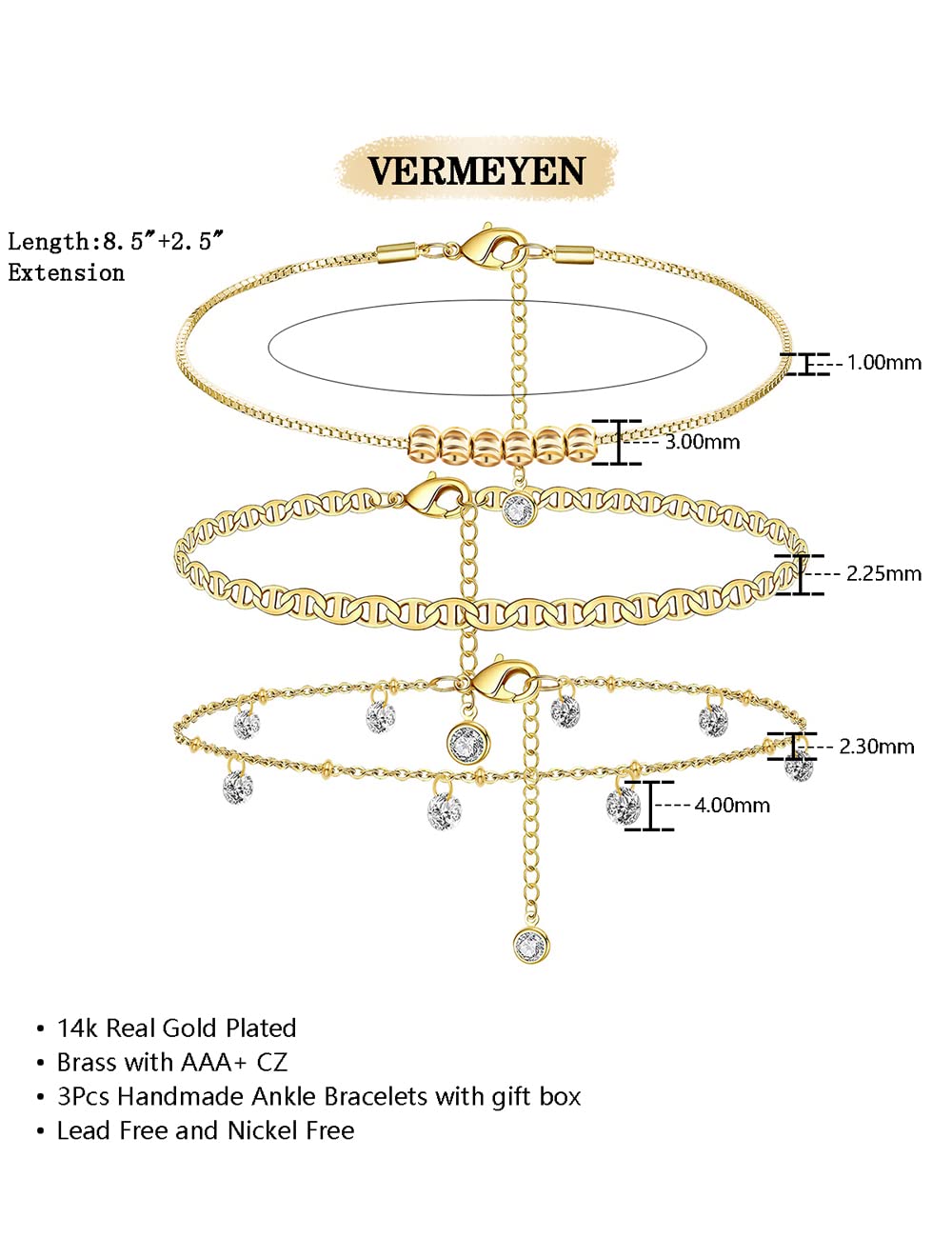 Diamond Gold Ankle Bracelets for Women 14k Gold Plated Anklet Silver Crystal Cubic Zirconia Anklet Flat Mariner Satellite Beaded Chain Dainty Layered Anklet Set 3Pcs