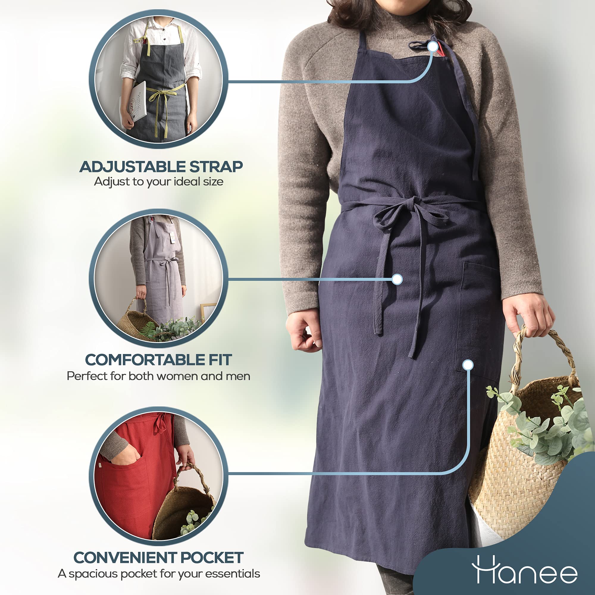 HANEE Kitchen Apron for Women, Men (Dark Gray) Linen Cooking Aprons with pocket