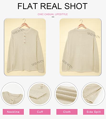 SHEWIN Sweaters for Women Trendy Waffle Knit Long Sleeve Button V Neck Loose Tops,(US 18-20) 2XL,Khaki