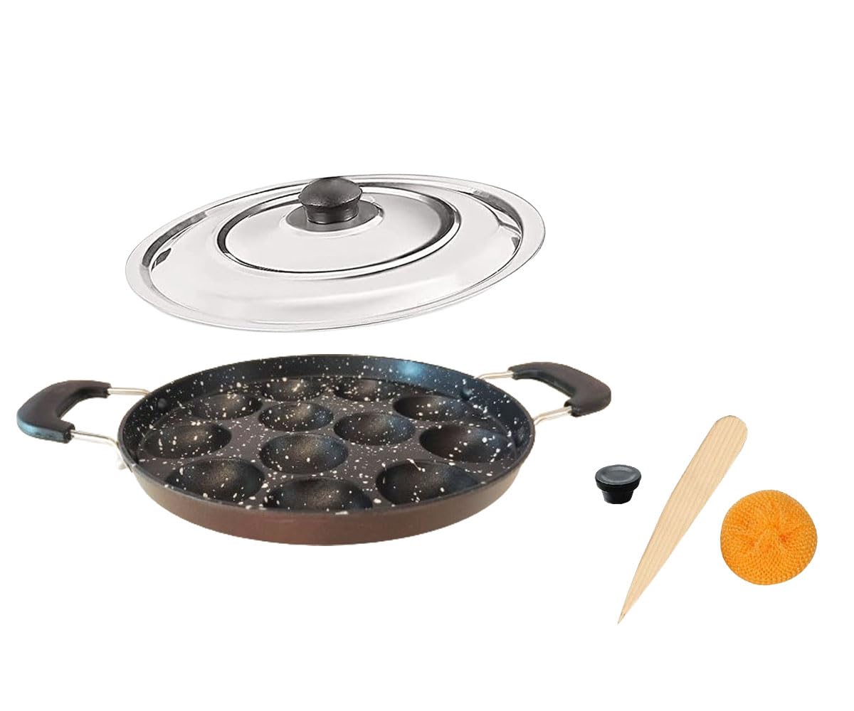 Satre Online And Marketing Non Stick Aluminium Appam Pan with Steel Lid, 12 Pits, Black & Silver
