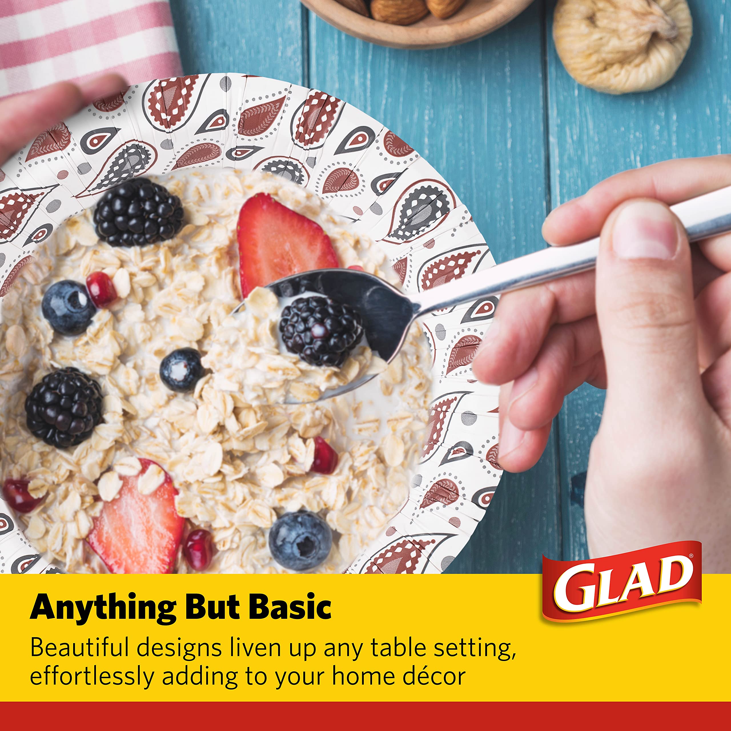 Glad 16 oz Disposable Paper Bowls with Paisley Drops Design, 50 Count | Disposable Bowls for Parties & Picnics and Everyday Use | Microwave Safe, Soak Proof Paper Bowls from Glad