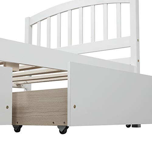 Twin Platform Storage Bed with Headboard, Solid Wood Bed Frame with Two Drawers (White, Twin Size)