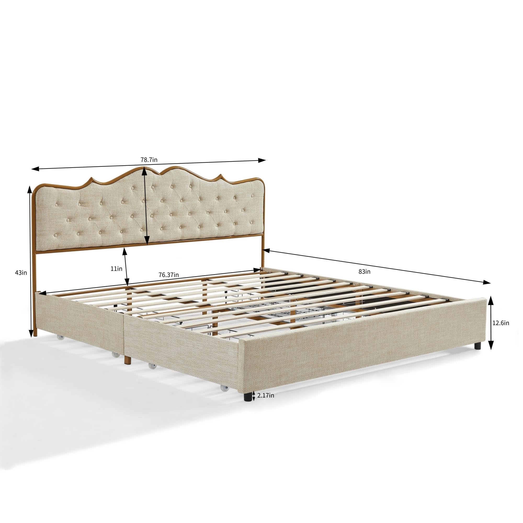 Dolonm King Size Classic Buckle Backrest Platform Bed Frame with Four Storage Drawers Metal Frames Bed Foundation with Wooden Slats Support, Beige + Yellow Leather Sponge Soft Bag Beds