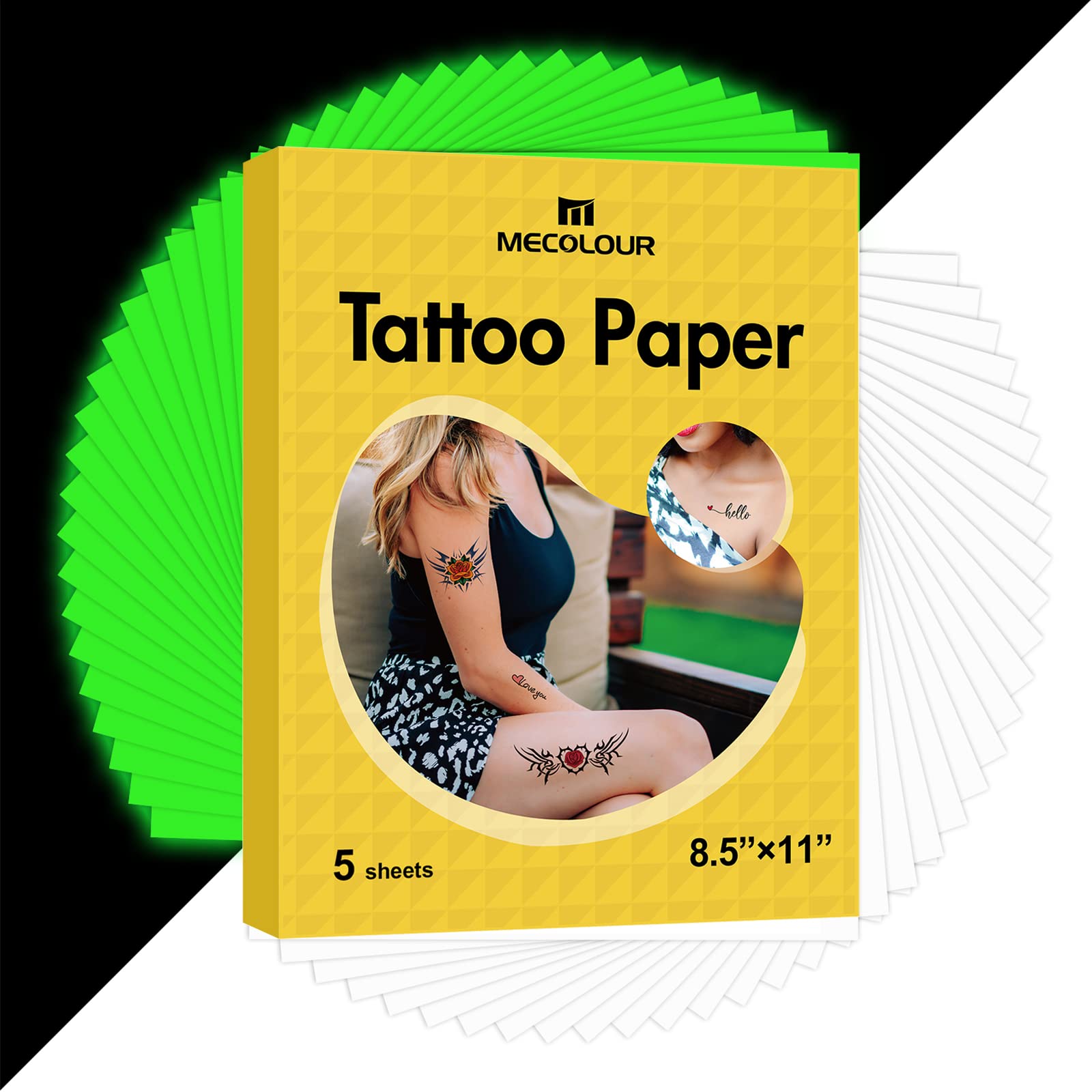 MECOLOUR Printable Temporary Tattoo Paper Luminous 8.5"X11" 5 Sets for Inkjet Printer, Personalized DIY Image Transfer Decal Paper for Skin, For Celebrate Festivals, Parties, Birthday Bashes,New Year
