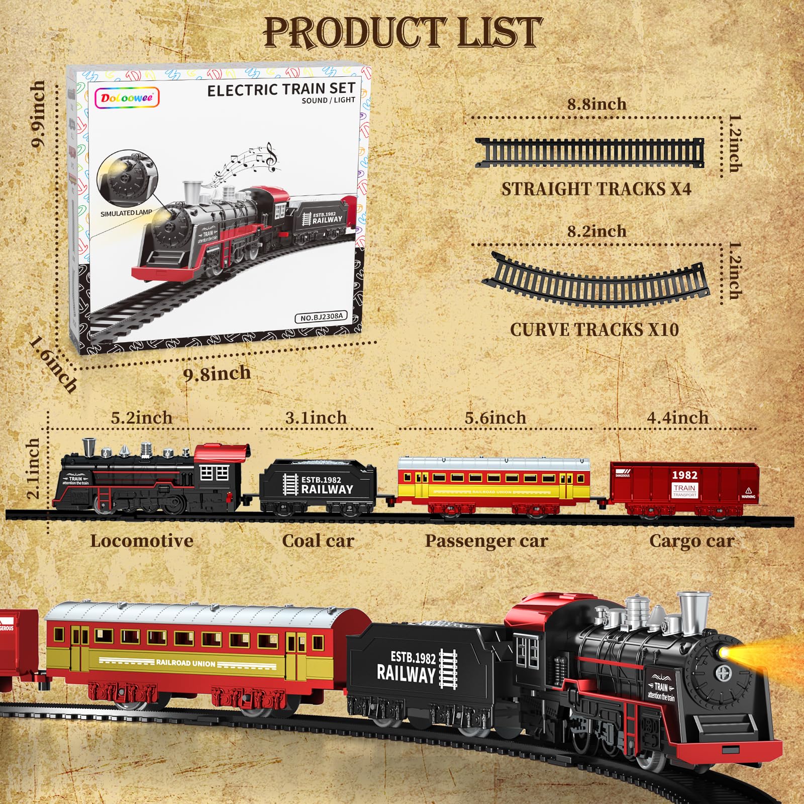 Doloowee Mini Train ElectricTrain Set with Retro Classic Steam(18pcs) Light & Sounds, Gift for Kids, Boys & Girls 3-6 Years