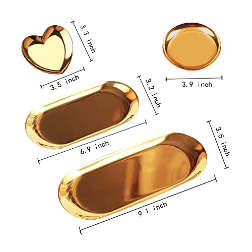 JKanruh 4 Pack Gold Stainless Steel Towel Tray,Storage Tray,Tea Tray Fruit Trays,Decorative Tray,Jewelry Dish Cosmetics Organizer(Oval,Heart-Shaped,Round)