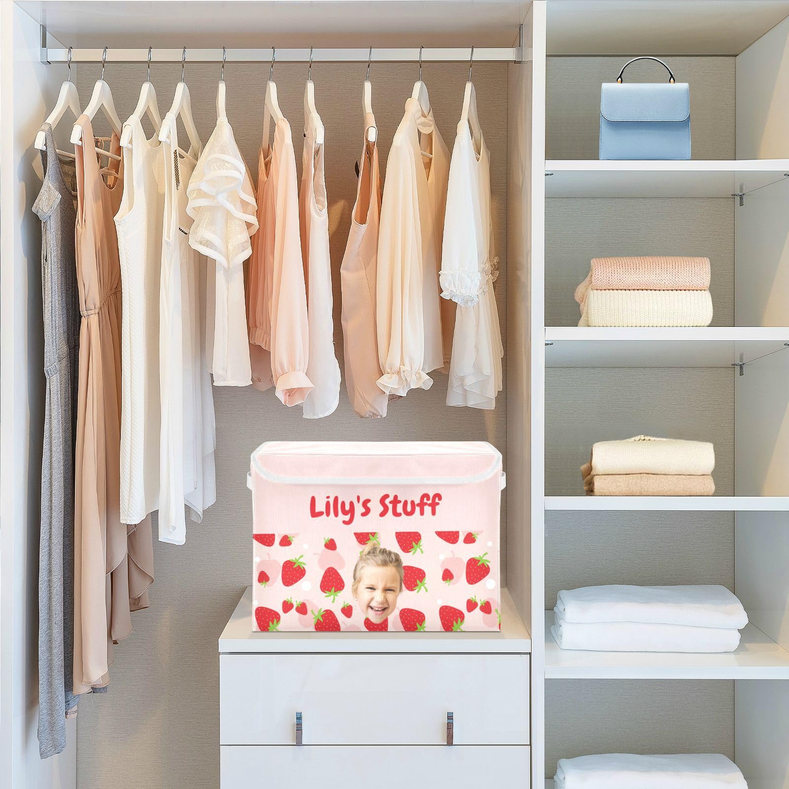 Sinestour Custom Storage Bins with Lid Personalized Storage Basket Box Shelf Basket Closet Organizer for Home Toy Playroom (Strawberry)