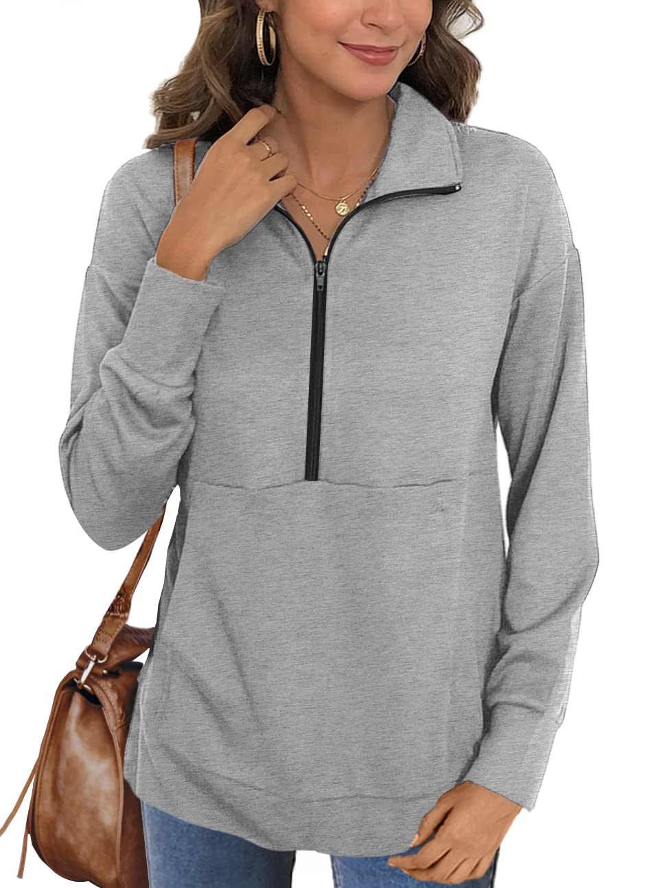 Glanzition Grey Sweatshirt for Women Winter Long Sleeve Zip Up Collar Pullover Sweatshirts L