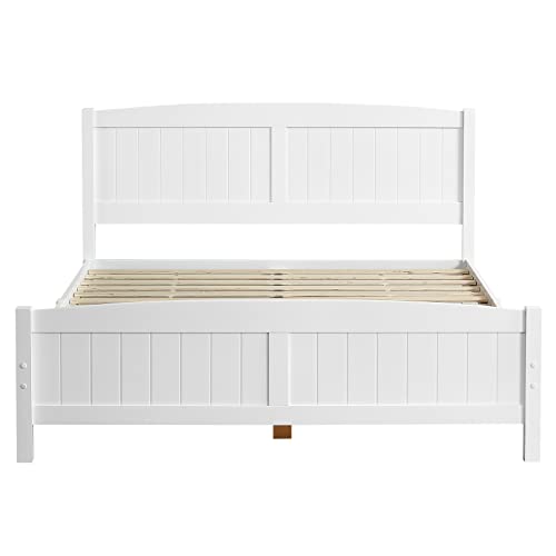 nycsuoani Queen Bed Frame No Box Spring Needed Queen Size Single-Layer Core Vertical Stripe Full-Board Curved Headboard with The Same Bed Tail Wooden Bed 82.6 x 62.8 x 37.8 in. White