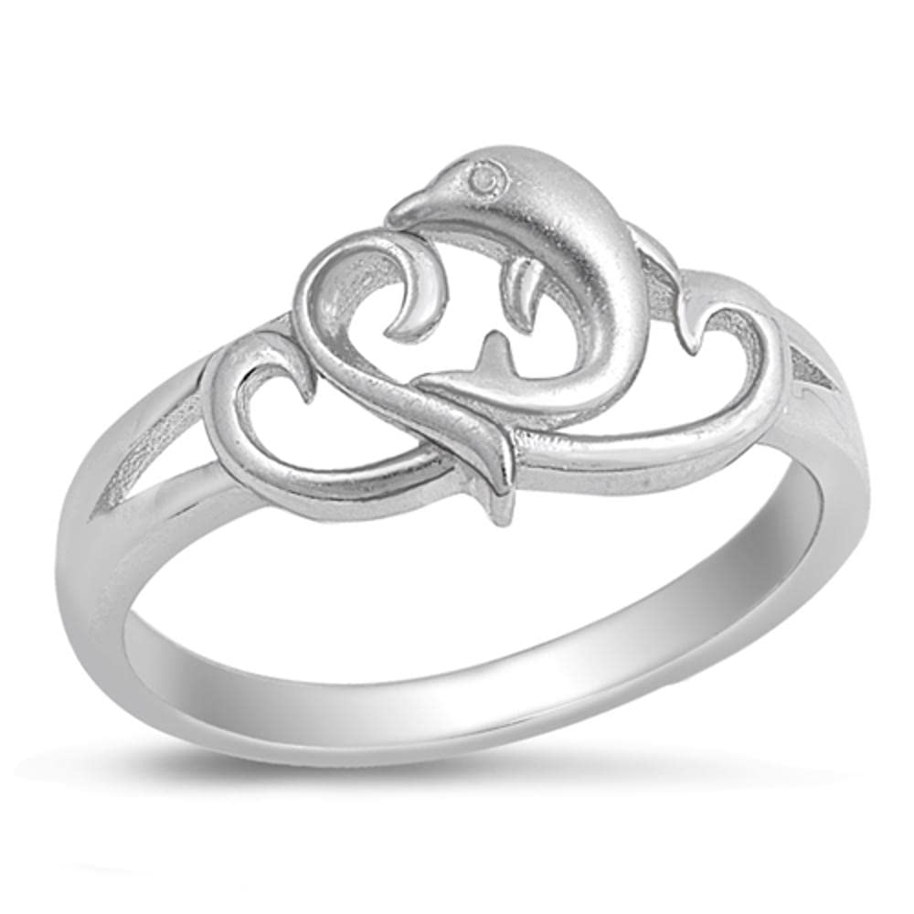 Dolphin Heart Ocean Animal Filigree Ring New 925 Sterling Silver Band Size 7